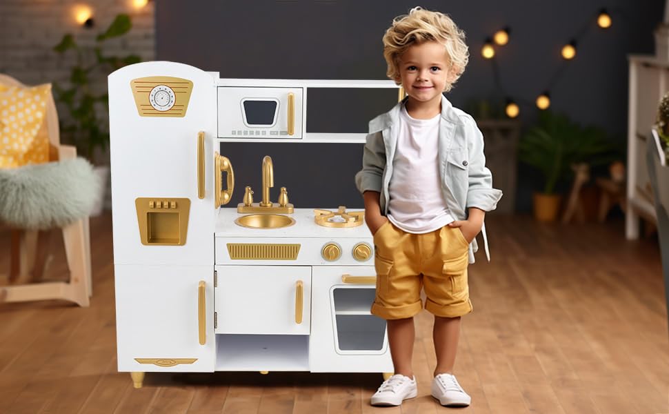 WoodenEdu Kitchen Playset for Kids Ages 3-8, Wooden Pretend Play Kitchen, Incloud Telephone, Ice Maker, Refrigerator, Dimensions: 35” H x 31” W x 12” D (White)