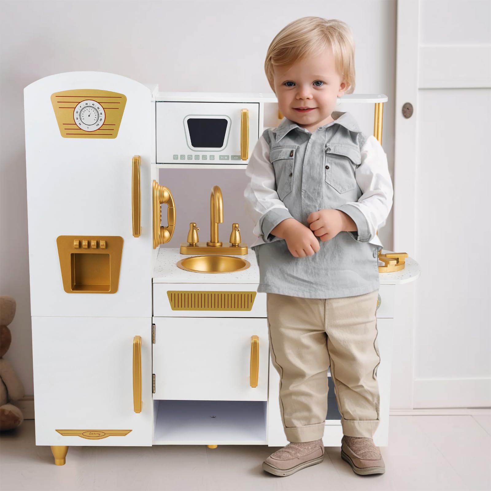 WoodenEdu Kitchen Playset for Kids Ages 3-8, Wooden Pretend Play Kitchen, Incloud Telephone, Ice Maker, Refrigerator, Dimensions: 35” H x 31” W x 12” D (White)