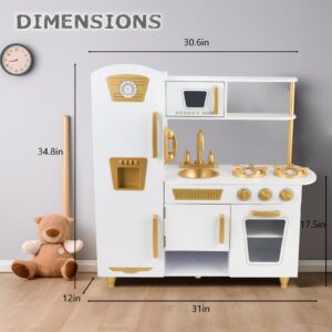 WoodenEdu Kitchen Playset for Kids Ages 3-8, Wooden Pretend Play Kitchen, Incloud Telephone, Ice Maker, Refrigerator, Dimensions: 35” H x 31” W x 12” D (White)