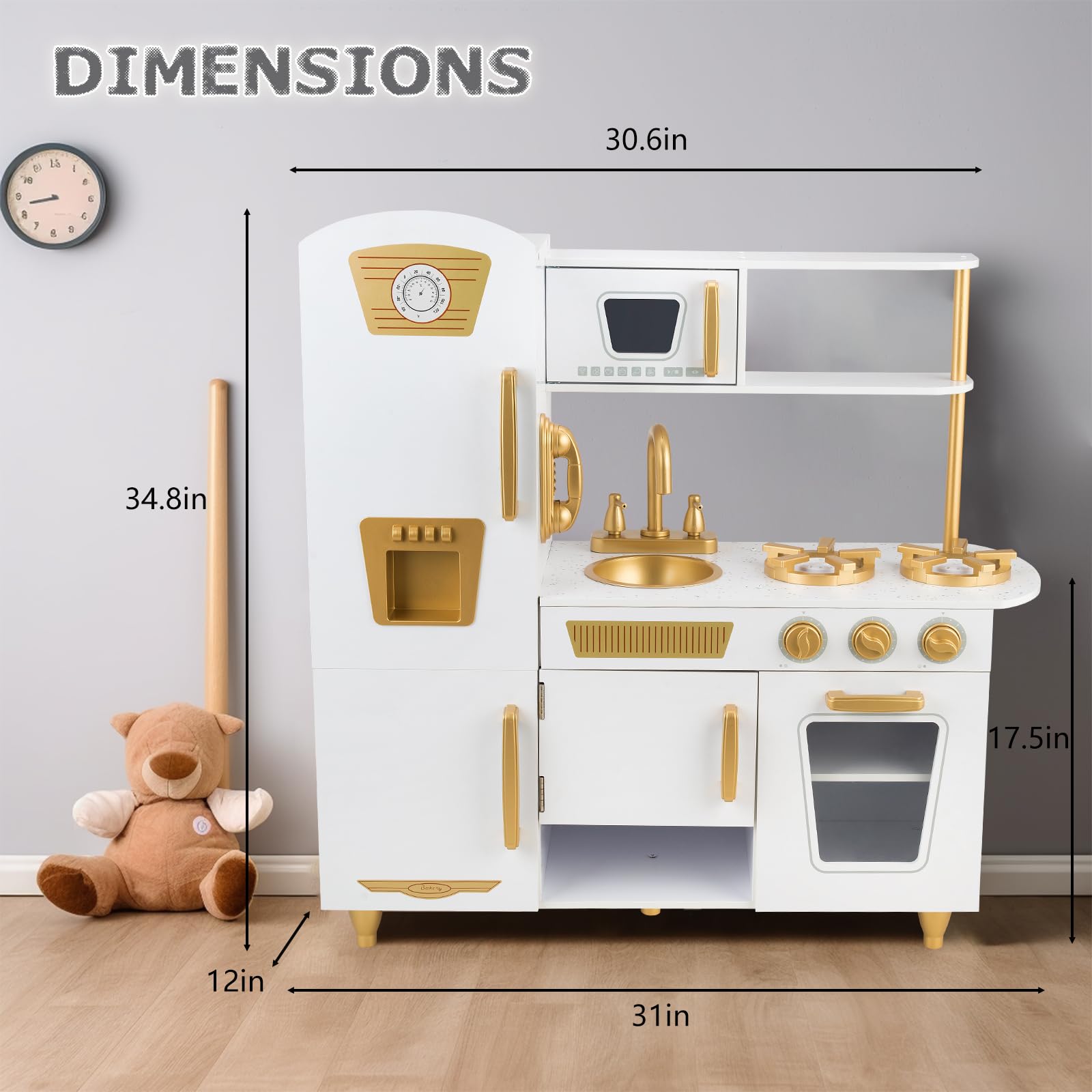 WoodenEdu Kitchen Playset for Kids Ages 3-8, Wooden Pretend Play Kitchen, Incloud Telephone, Ice Maker, Refrigerator, Dimensions: 35” H x 31” W x 12” D (White)