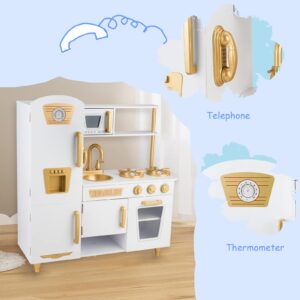 WoodenEdu Kitchen Playset for Kids Ages 3-8, Wooden Pretend Play Kitchen, Incloud Telephone, Ice Maker, Refrigerator, Dimensions: 35” H x 31” W x 12” D (White)