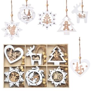 idatoo christmas tree ornaments set of 24 wooden craved hanging craft decorations for winter wonderland, 3d rustic farmhouse christmas ornaments holiday decor for christmas tree home office (white)