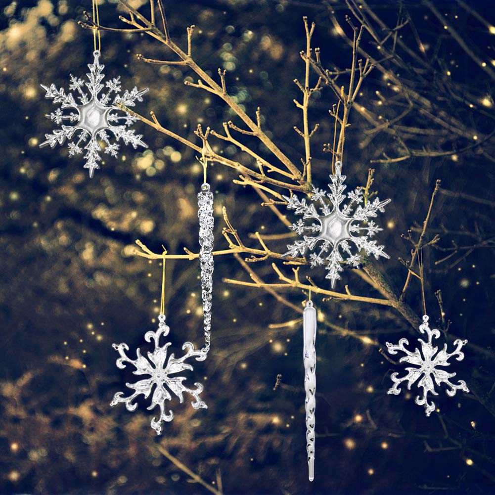 VGOODALL 36PCS Christmas Snowflake Decorations, 4inch Icicles Ornaments Set Clear Snowflake Acrylic Christmas Ornaments for Santa Outdoor Party Tree Decoration Craft