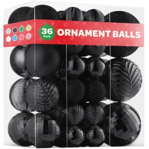 christmas ornaments set of 36 - beautiful [black] christmas tree decorations ornaments set - 6 style christmas ball ornaments - shatterproof/pre-strung - for holiday/party/decorations/diy