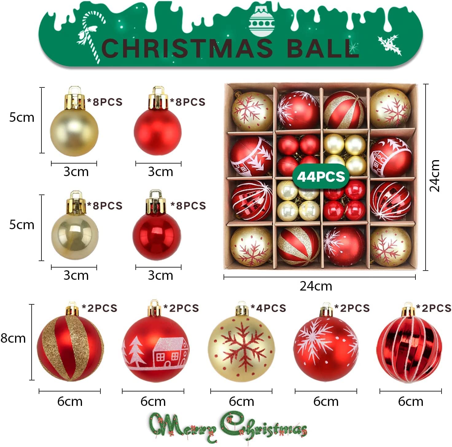 PEMOTech 44Pcs Christmas Balls Ornaments for Xmas Christmas Tree Ornaments Balls with Glitter, Shatterproof Christmas Tree Decorations