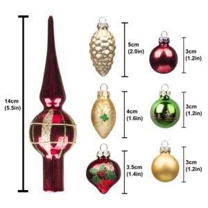 KINGYEE Miniature Ornaments and Tree Topper Christmas Mini Glass Tree Decorations Set of 15 for Tabletop Desktop Tree Wedding Centerpiece (Red Gold Green)