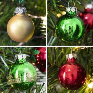 KINGYEE Miniature Ornaments and Tree Topper Christmas Mini Glass Tree Decorations Set of 15 for Tabletop Desktop Tree Wedding Centerpiece (Red Gold Green)