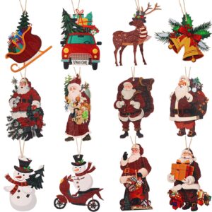 12 pieces christmas hanging ornaments vintage retro tree decorations wooden tree ornaments handmade santa snowman reindeer with hanging string for christmas home party decorations