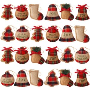 24 pcs burlap christmas ornaments 2022 set mini stockings funny christmas tree ornaments rustic christmas decorations red plaid tartan hanging decoration stocking ball tree bell, 8 styles (rustic)