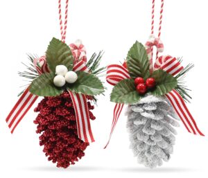 ornativity red and white ornaments - glitter red and white coated pinecone xmas ornament with realistic holly leaf and red cranberry berries with candy string christmas tree decoration set -pack of 10