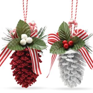 Ornativity Red and White Ornaments - Glitter Red and White Coated Pinecone Xmas Ornament with Realistic Holly Leaf and Red Cranberry Berries with Candy String Christmas Tree Decoration Set -Pack of 10