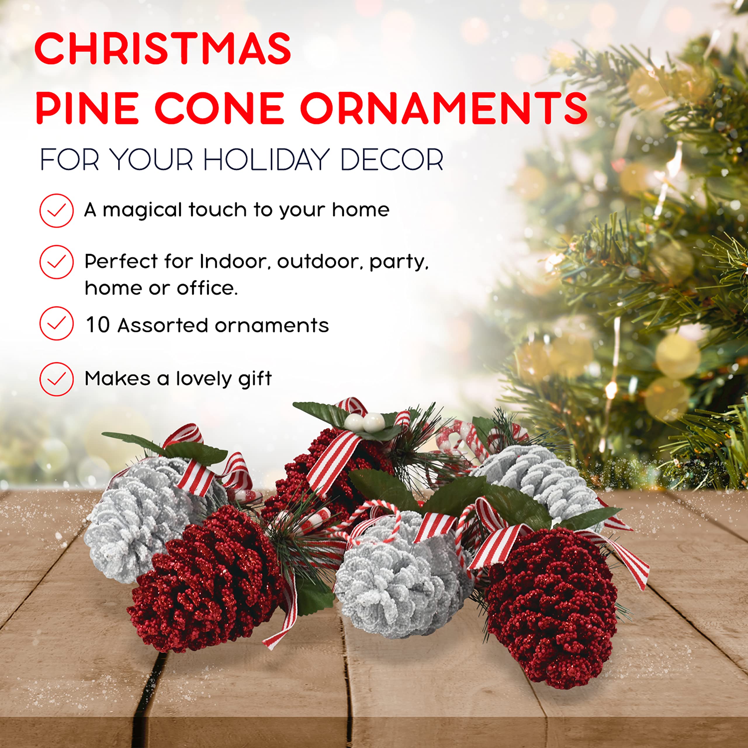 Ornativity Red and White Ornaments - Glitter Red and White Coated Pinecone Xmas Ornament with Realistic Holly Leaf and Red Cranberry Berries with Candy String Christmas Tree Decoration Set -Pack of 10