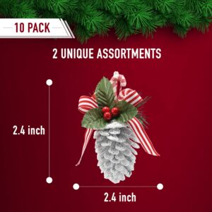 Ornativity Red and White Ornaments - Glitter Red and White Coated Pinecone Xmas Ornament with Realistic Holly Leaf and Red Cranberry Berries with Candy String Christmas Tree Decoration Set -Pack of 10