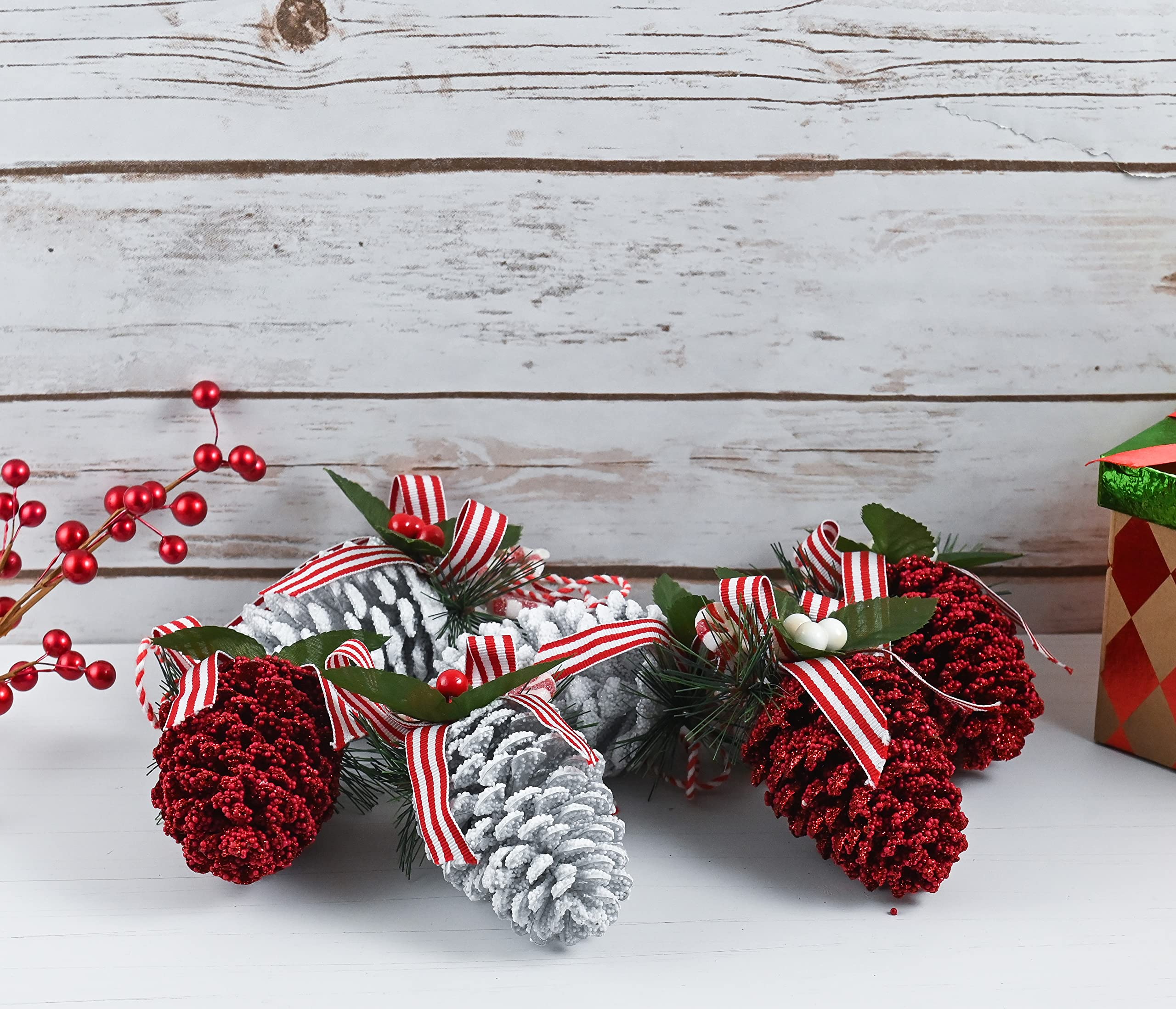 Ornativity Red and White Ornaments - Glitter Red and White Coated Pinecone Xmas Ornament with Realistic Holly Leaf and Red Cranberry Berries with Candy String Christmas Tree Decoration Set -Pack of 10