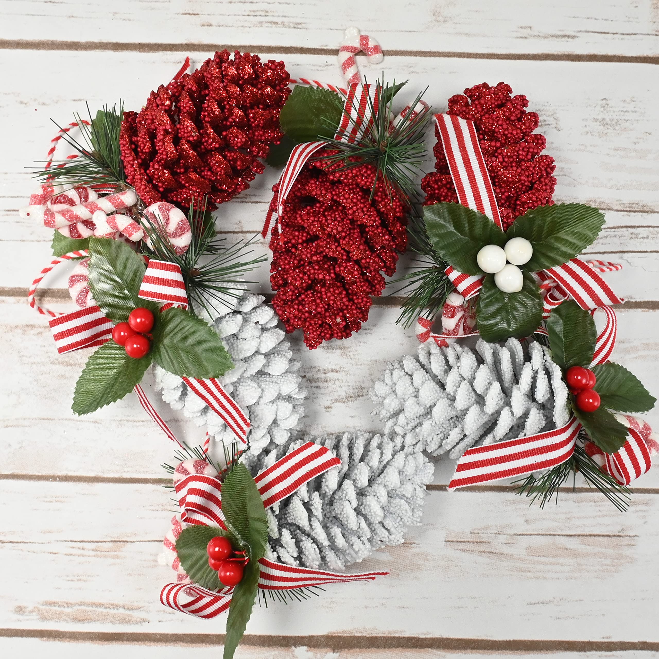 Ornativity Red and White Ornaments - Glitter Red and White Coated Pinecone Xmas Ornament with Realistic Holly Leaf and Red Cranberry Berries with Candy String Christmas Tree Decoration Set -Pack of 10