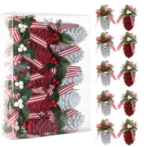 Ornativity Red and White Ornaments - Glitter Red and White Coated Pinecone Xmas Ornament with Realistic Holly Leaf and Red Cranberry Berries with Candy String Christmas Tree Decoration Set -Pack of 10