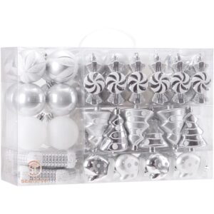 sea team 77-pack assorted shatterproof christmas balls christmas ornaments set decorative baubles pendants with reusable hand-held gift package for xmas tree (silver)