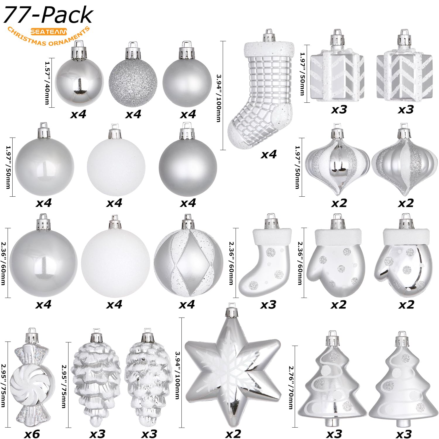 Sea Team 77-Pack Assorted Shatterproof Christmas Balls Christmas Ornaments Set Decorative Baubles Pendants with Reusable Hand-held Gift Package for Xmas Tree (Silver)