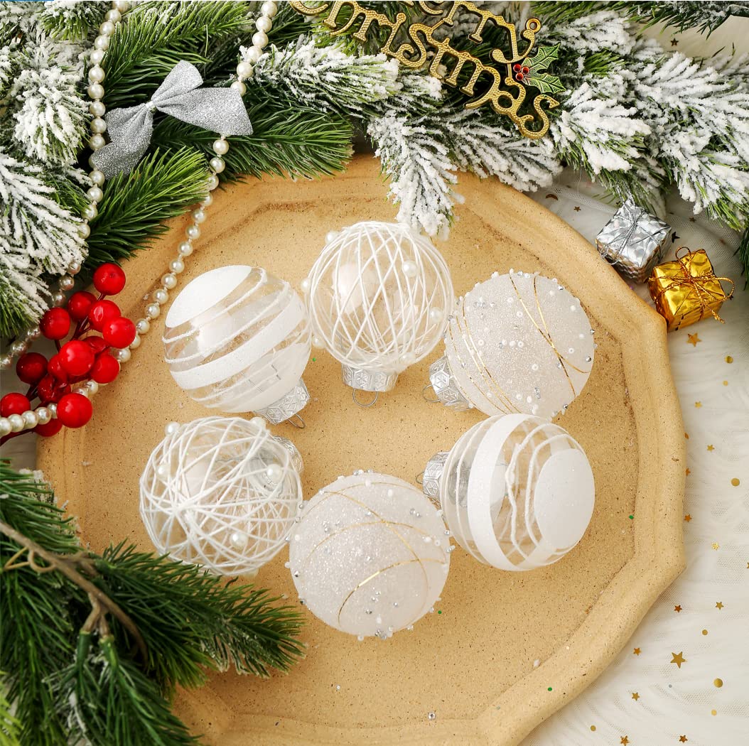 XmasExp Christmas Ball Ornaments Set-70mm/2.76" White Large Shatterproof Clear Glitter Pastic Christmas Ball Ornaments Xmas Tree Decoration Delicate Hanging Ornaments (12 Counts,White)