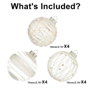 XmasExp Christmas Ball Ornaments Set-70mm/2.76" White Large Shatterproof Clear Glitter Pastic Christmas Ball Ornaments Xmas Tree Decoration Delicate Hanging Ornaments (12 Counts,White)