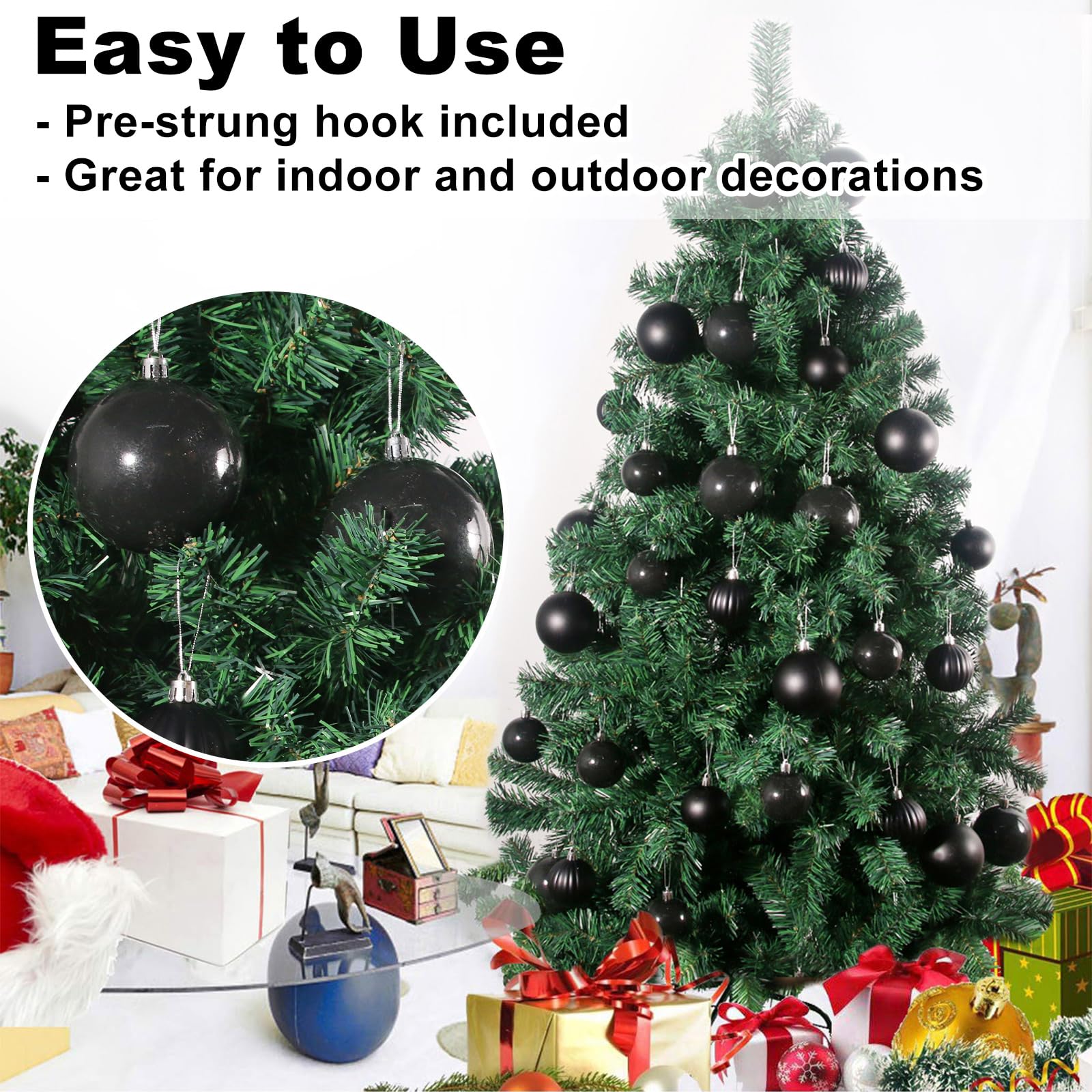 Black 3.2" Large Christmas Balls - Christmas Tree Decoration Ornaments Shatterproof Hanging Balls for Birthday Halloween Holiday Wedding Decorations Set of 24pcs