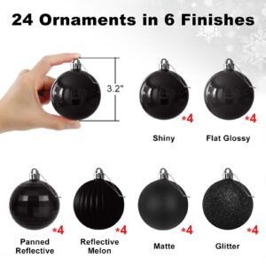 Black 3.2" Large Christmas Balls - Christmas Tree Decoration Ornaments Shatterproof Hanging Balls for Birthday Halloween Holiday Wedding Decorations Set of 24pcs