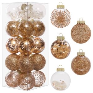 70mm/2.76" christmas ornaments set, 20pcs shatterproof decorative hanging ball ornament with stuffed delicate decorations, clear rustic xmas tree balls for holiday party- champagne gold.