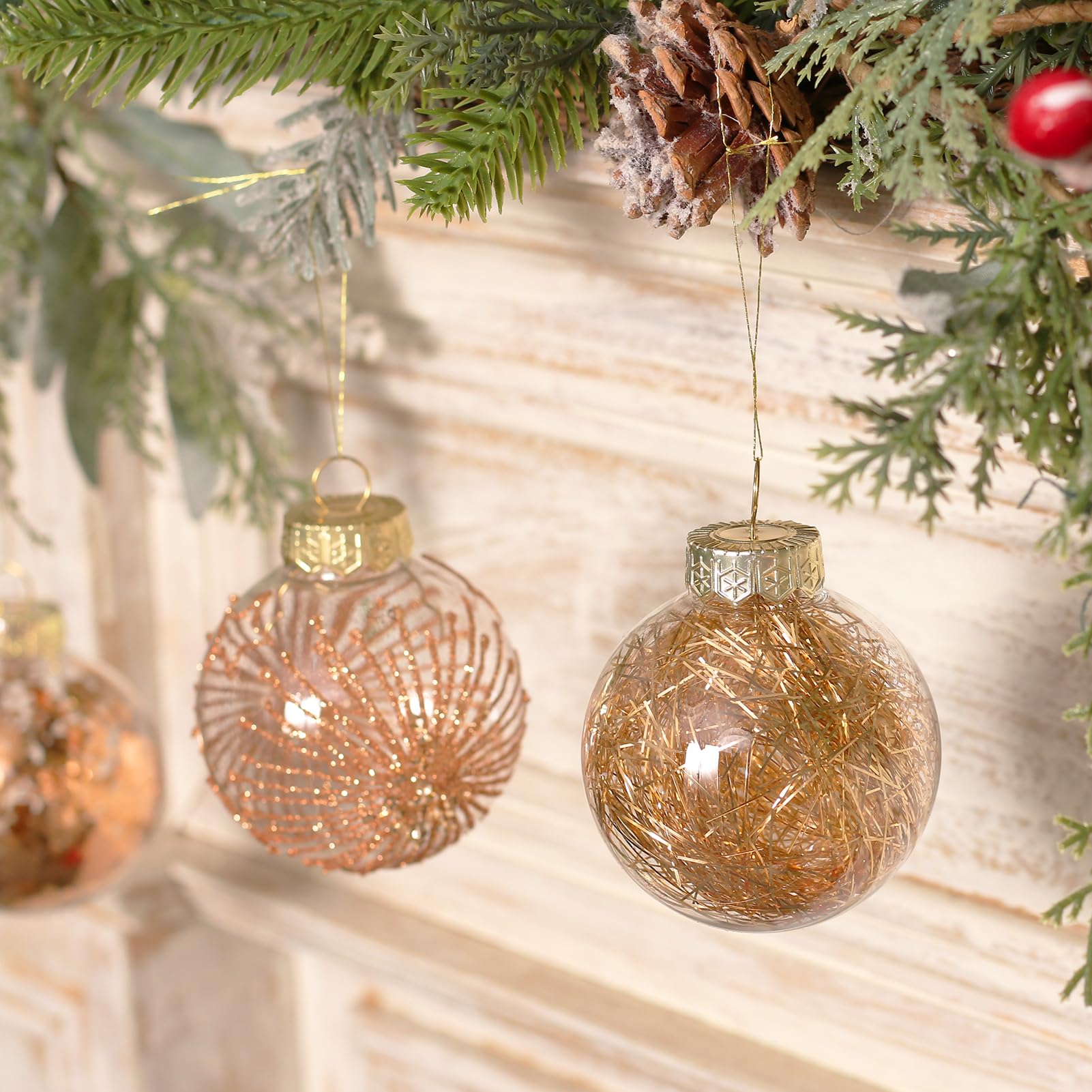 70MM/2.76" Christmas Ornaments Set, 20PCS Shatterproof Decorative Hanging Ball Ornament with Stuffed Delicate Decorations, Clear Rustic Xmas Tree Balls for Holiday Party- Champagne Gold.