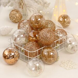 70MM/2.76" Christmas Ornaments Set, 20PCS Shatterproof Decorative Hanging Ball Ornament with Stuffed Delicate Decorations, Clear Rustic Xmas Tree Balls for Holiday Party- Champagne Gold.