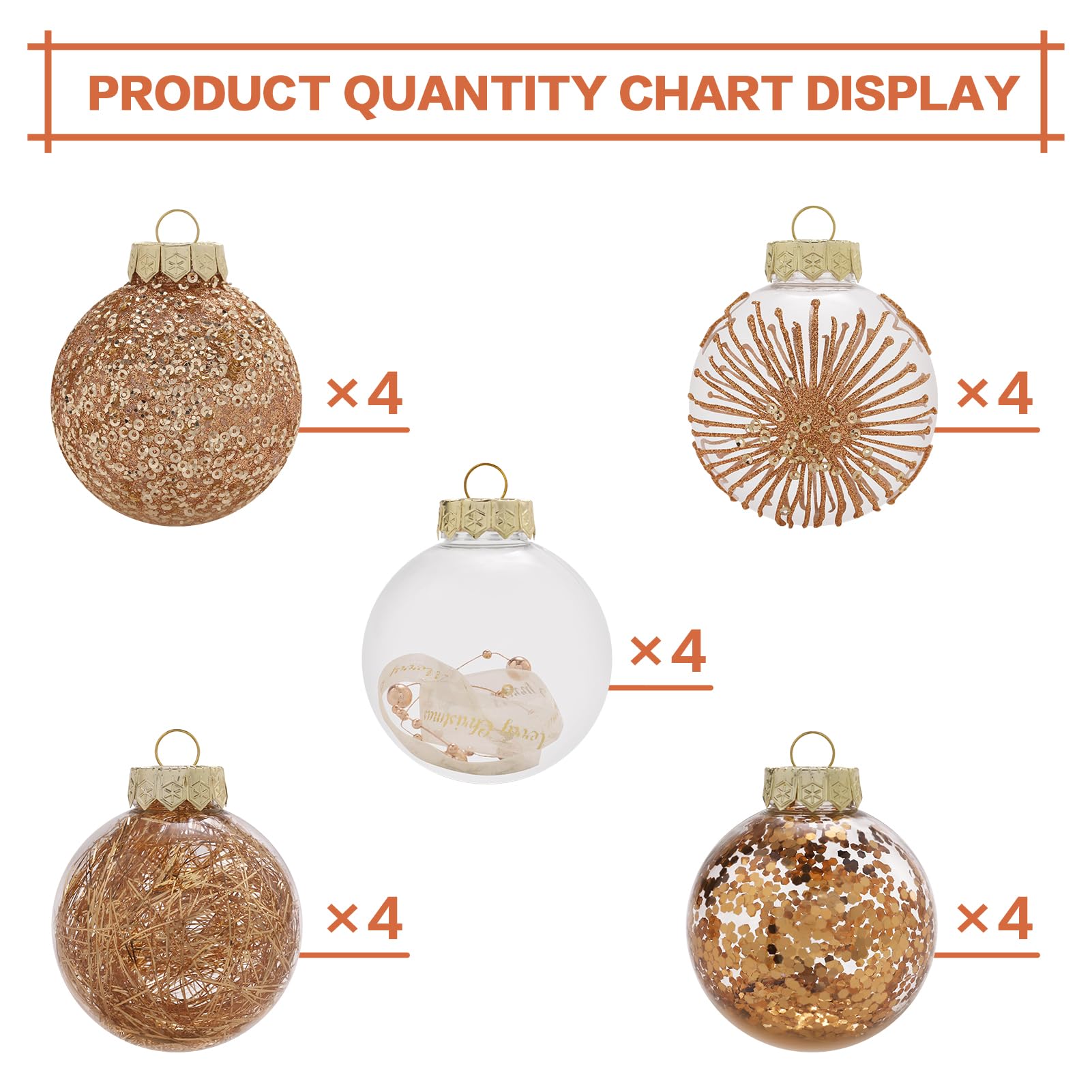 70MM/2.76" Christmas Ornaments Set, 20PCS Shatterproof Decorative Hanging Ball Ornament with Stuffed Delicate Decorations, Clear Rustic Xmas Tree Balls for Holiday Party- Champagne Gold.