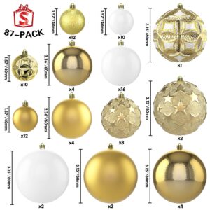 ISULIFE 87ct Christmas Ball Ornaments Set Shatterproof Seasonal Hanging Decorations with Reusable Hand-held Gift Package for Xmas Tree Holiday Party and Home Decor, Gold