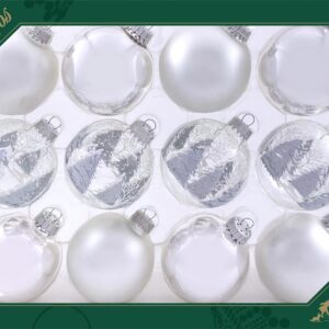 Glass Christmas Tree Ornaments - 67mm/2.63" Designer Balls from Christmas by Krebs - Seamless Hanging Holiday Decorations for Trees - Set of 12 Ornaments (Silver with White Festive Trees)