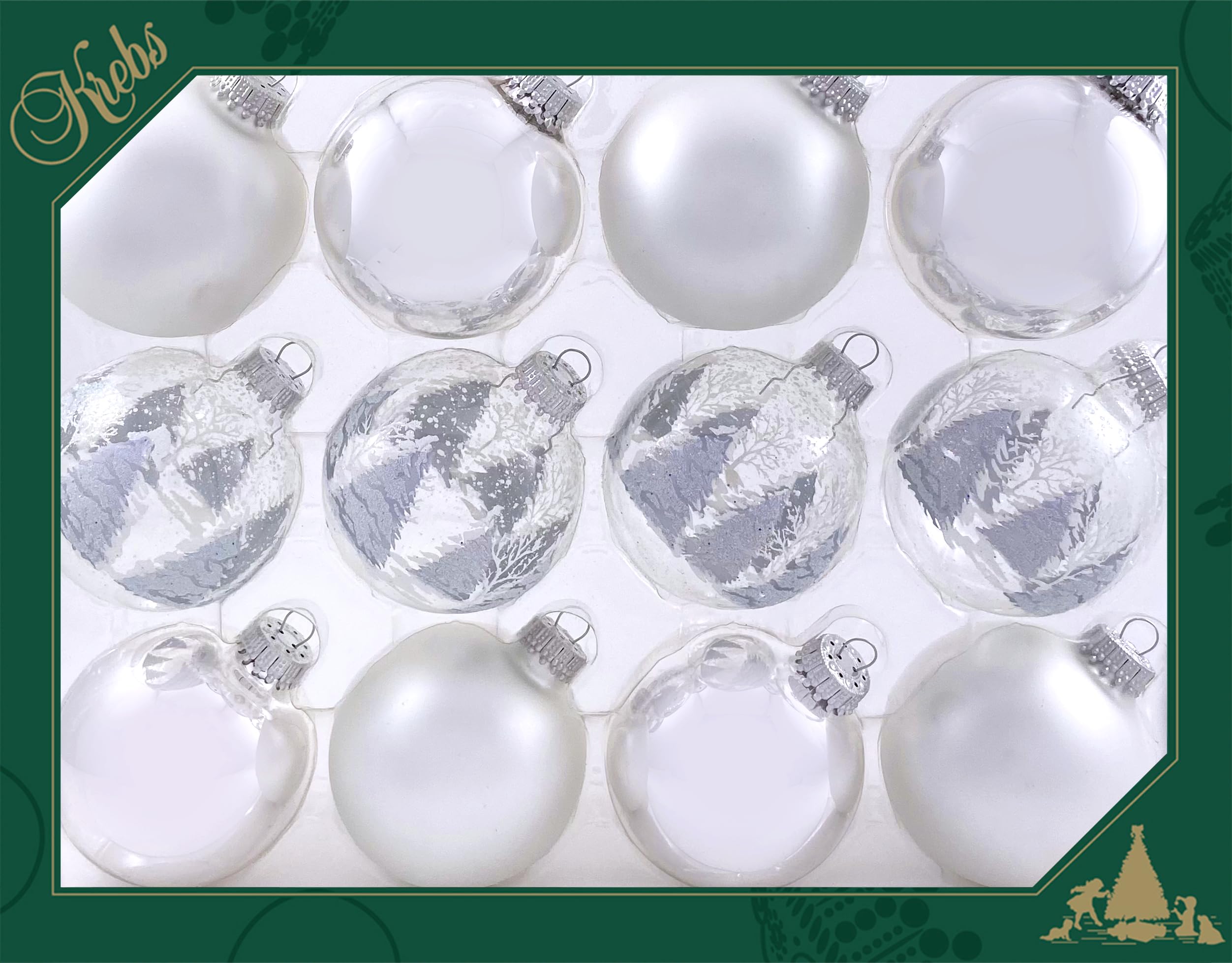 Glass Christmas Tree Ornaments - 67mm/2.63" Designer Balls from Christmas by Krebs - Seamless Hanging Holiday Decorations for Trees - Set of 12 Ornaments (Silver with White Festive Trees)