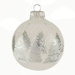 Glass Christmas Tree Ornaments - 67mm/2.63" Designer Balls from Christmas by Krebs - Seamless Hanging Holiday Decorations for Trees - Set of 12 Ornaments (Silver with White Festive Trees)