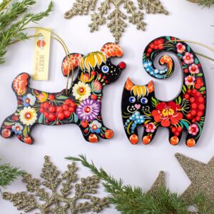 funny pets christmas decorations cat and dog christmas tree ornaments set 2 pcs wooden hand-painted 3.3 x 2.8 x 0,2 inches. children animal christmas tree ornaments ukrainian folk art (black)