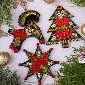 hand-painted christmas decorations horse - star - tree - 3 pcs. set wooden painted on both sides 9,5 x 9 x 0,5 cm handmade christmas ornaments folk art ukrainian traditional petrykivka craftsmanship