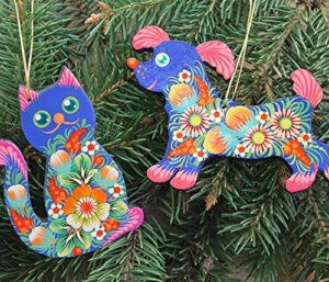 funny pets christmas decorations cat and dog christmas tree ornaments set 2 pcs wooden hand-painted 3.3 x 2.8 x 0,2 inches. children animal christmas tree ornaments ukrainian folk art (blue)