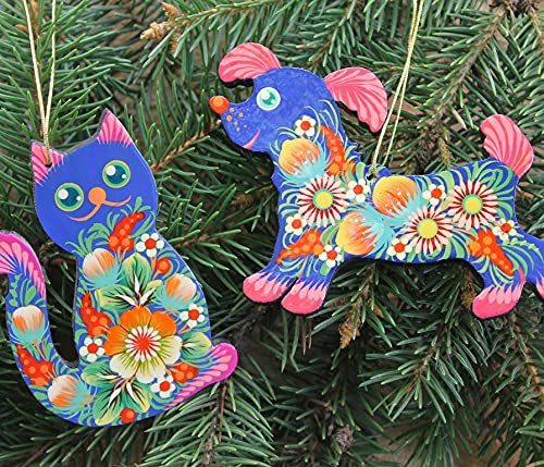 Funny Pets Christmas Decorations Cat and Dog Christmas Tree Ornaments Set 2 pcs Wooden Hand-Painted 3.3 x 2.8 x 0,2 inches. Children Animal Christmas Tree Ornaments Ukrainian Folk Art (Blue)