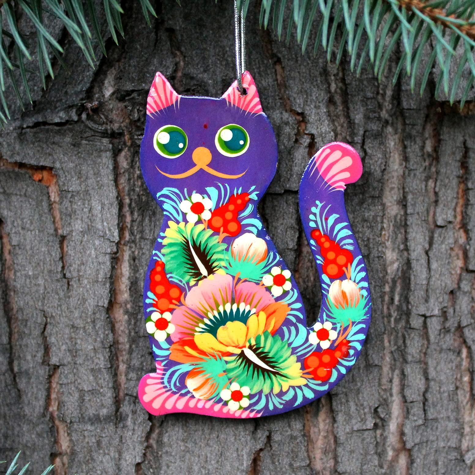 Funny Pets Christmas Decorations Cat and Dog Christmas Tree Ornaments Set 2 pcs Wooden Hand-Painted 3.3 x 2.8 x 0,2 inches. Children Animal Christmas Tree Ornaments Ukrainian Folk Art (Blue)