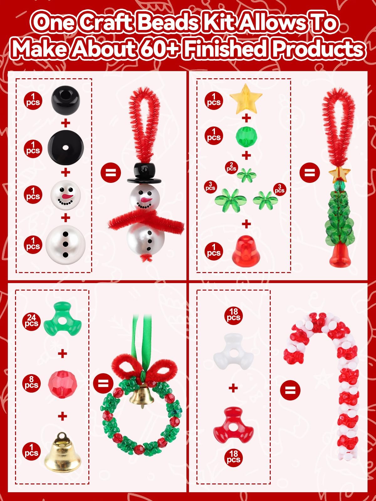 Lanstics 60 Sets Christmas Craft Beaded Ornament Kit Including 18PCS Wreath/18PCS Candy Cane/12PCS Snowmen/12PCS Christmas Tree for Xmas Craft Tree Decorations Adults Holiday Party (Assembly Needed)