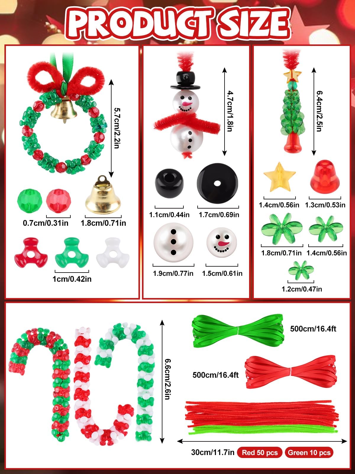 Lanstics 60 Sets Christmas Craft Beaded Ornament Kit Including 18PCS Wreath/18PCS Candy Cane/12PCS Snowmen/12PCS Christmas Tree for Xmas Craft Tree Decorations Adults Holiday Party (Assembly Needed)