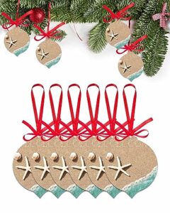 acrylic christmas ornament set of 6 summer starfish shell 2023 xmas tree tag decorations, welcome on beach ornaments with ribbon for holiday party hanging tag accessories teal blue ocean