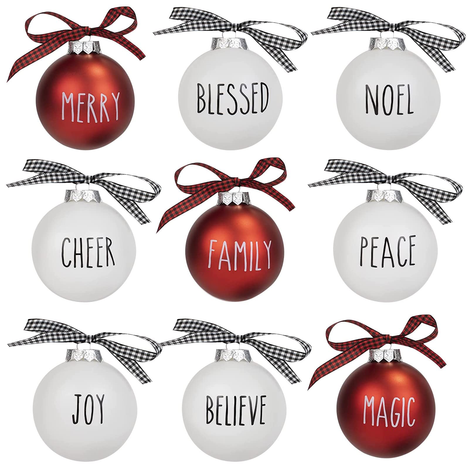 Christmas Tree Ornaments with Buffalo Plaid Bows - Set of 9 Shatterproof Balls Ornaments Xmas Tree Decorations with Blessed Words, Holiday Balls Rustic Farmhouse Decor for Christmas Party