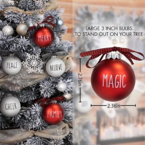 Christmas Tree Ornaments with Buffalo Plaid Bows - Set of 9 Shatterproof Balls Ornaments Xmas Tree Decorations with Blessed Words, Holiday Balls Rustic Farmhouse Decor for Christmas Party