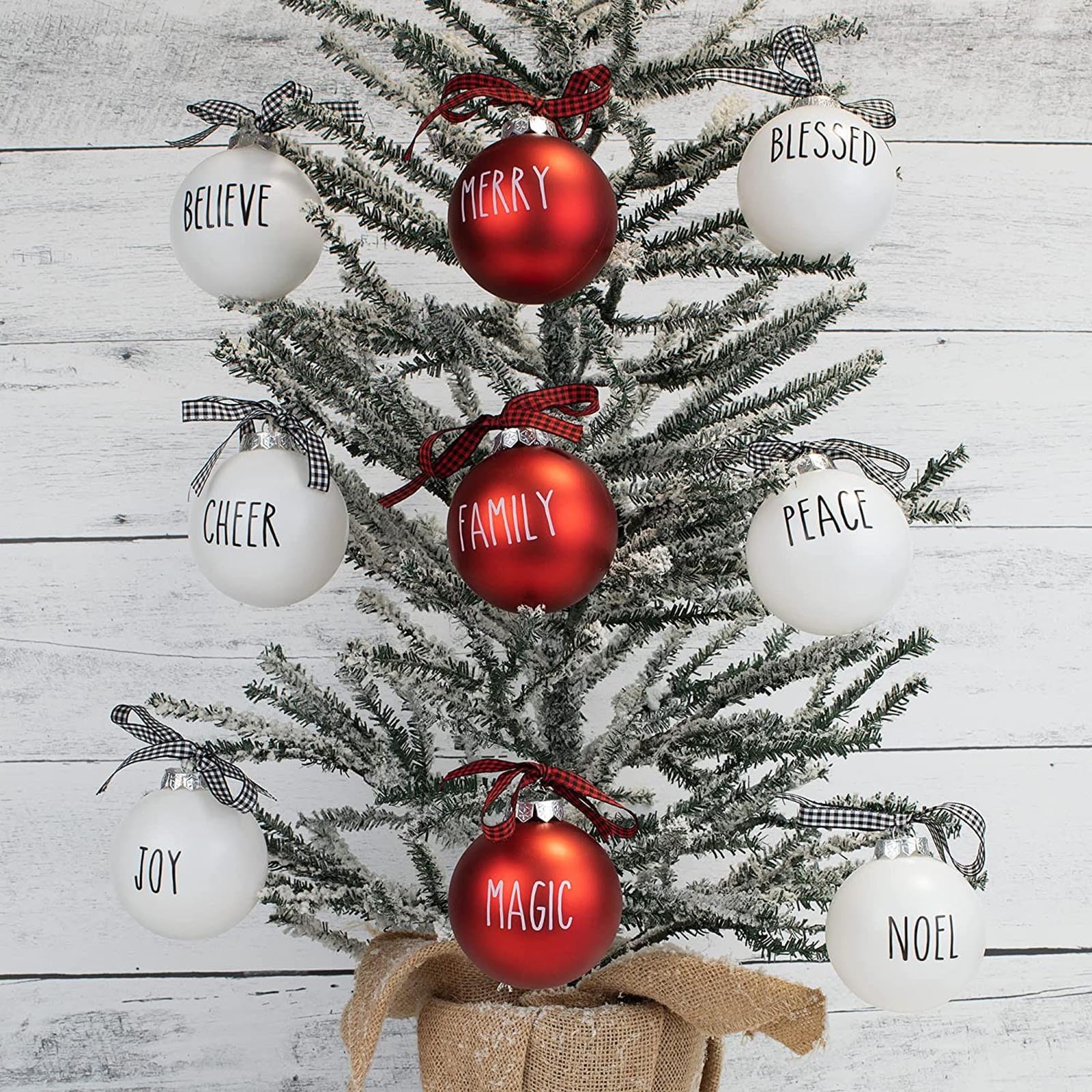 Christmas Tree Ornaments with Buffalo Plaid Bows - Set of 9 Shatterproof Balls Ornaments Xmas Tree Decorations with Blessed Words, Holiday Balls Rustic Farmhouse Decor for Christmas Party