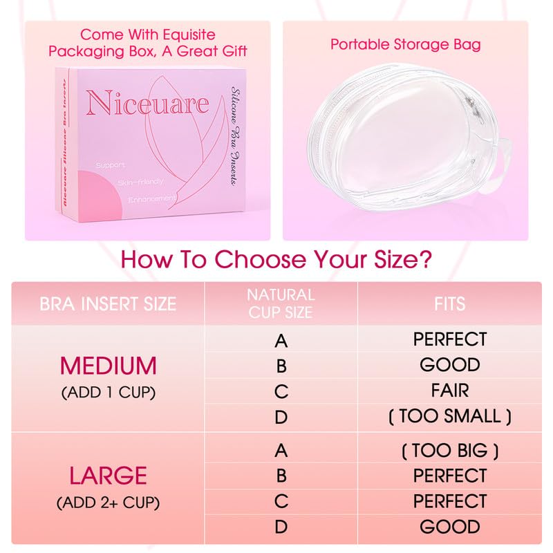 Niceuare Bra Inserts Push Up Premium Silicone Breast Enhancers Comfort & Natural Enhancement Bra Pads Waterproof Breast Lift Large Add 2+ Cup