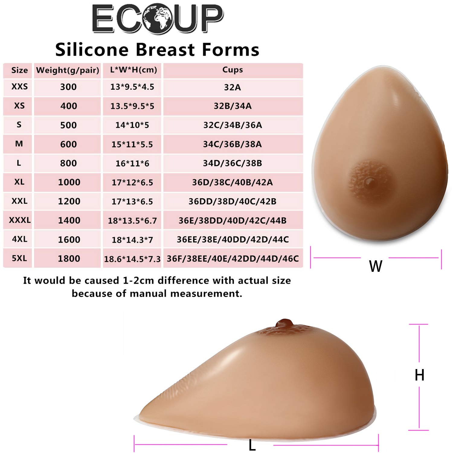 Ecoup 800g/Pair C Cup Brown Silicone Breast Forms Self-Adhesive Fake Breasts for Transgender (Wheat, L - 800g/Pair（1.78 lb/Pair) - Cup C