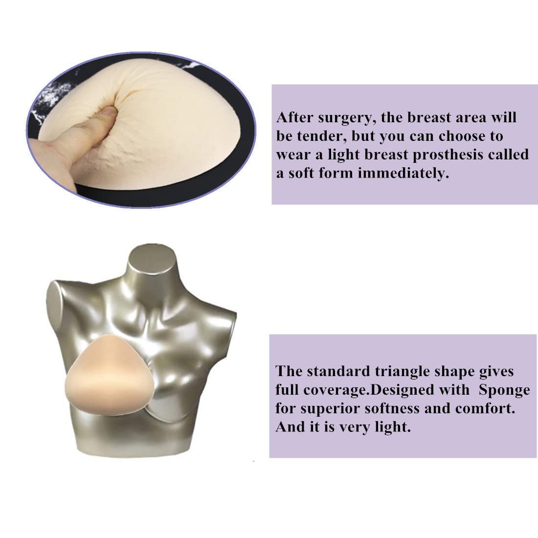 Sibrawom Cotton Mastectomy Breast Prosthesis Forms Triangle Shape Light-weight Breathable Sponge Insert Pads Only One Piece