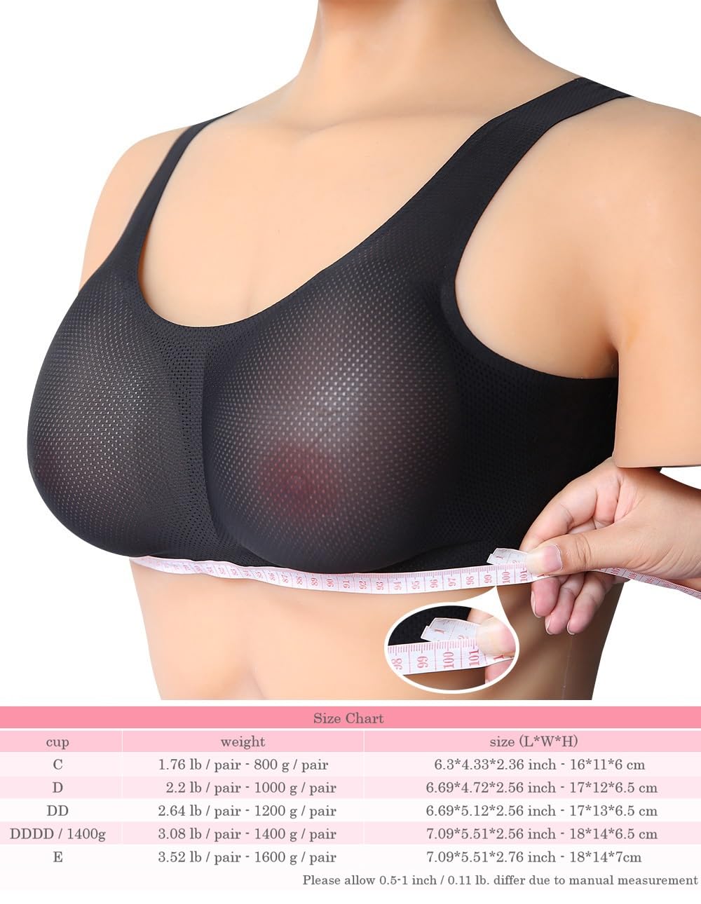 Waterdrop Silicone Breast Forms with Mesh Pocket Bra Set for Mastectomy (Black C Cup- 800g)