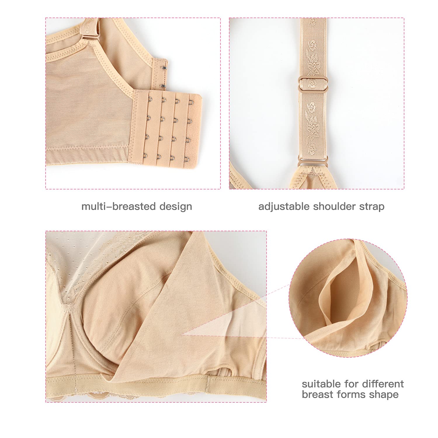 Polreta Mastectomy Bra with Pockets for Prosthesis Women Post Surgety Bra Cotton Daily Bralettes Skin